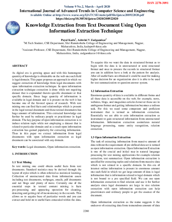 Pdf Knowledge Extraction From Text Document Using Open Information Extraction Technique