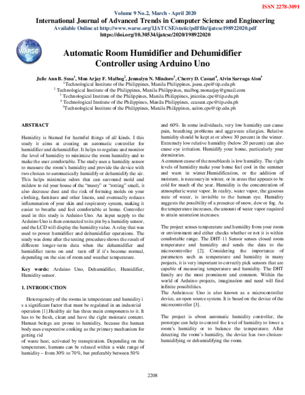 Pdf Automatic Room Humidifier And Dehumidifier Controller Using Arduino Uno
