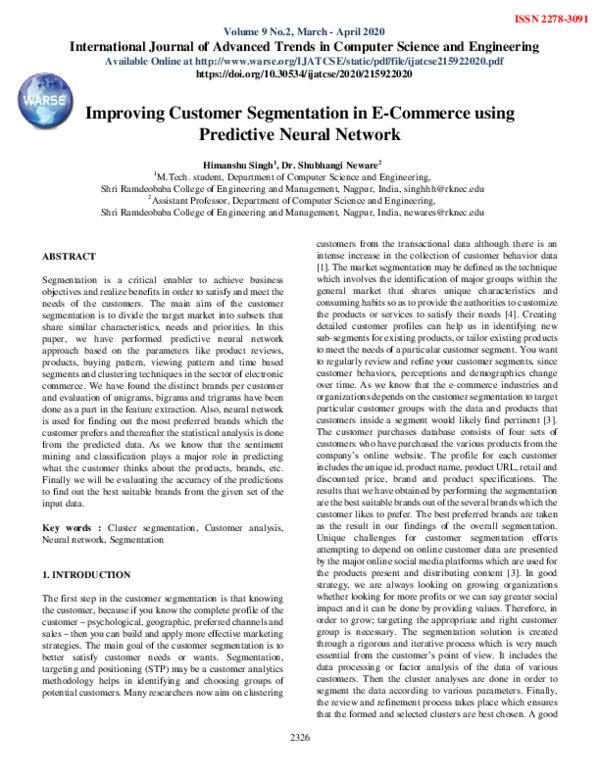 Pdf Improving Customer Segmentation In E Commerce Using Predictive