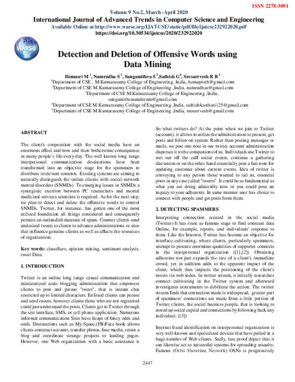 (PDF) Detection and Deletion of Offensive Words using Data Mining