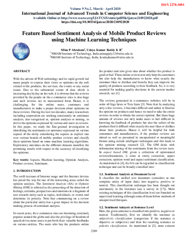 Pdf Feature Based Sentiment Analysis Of Mobile Product Reviews Using