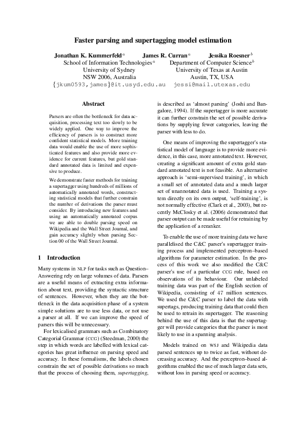(PDF) Faster parsing and supertagging model estimation | Jonathan K Kummerfeld - Academia.edu