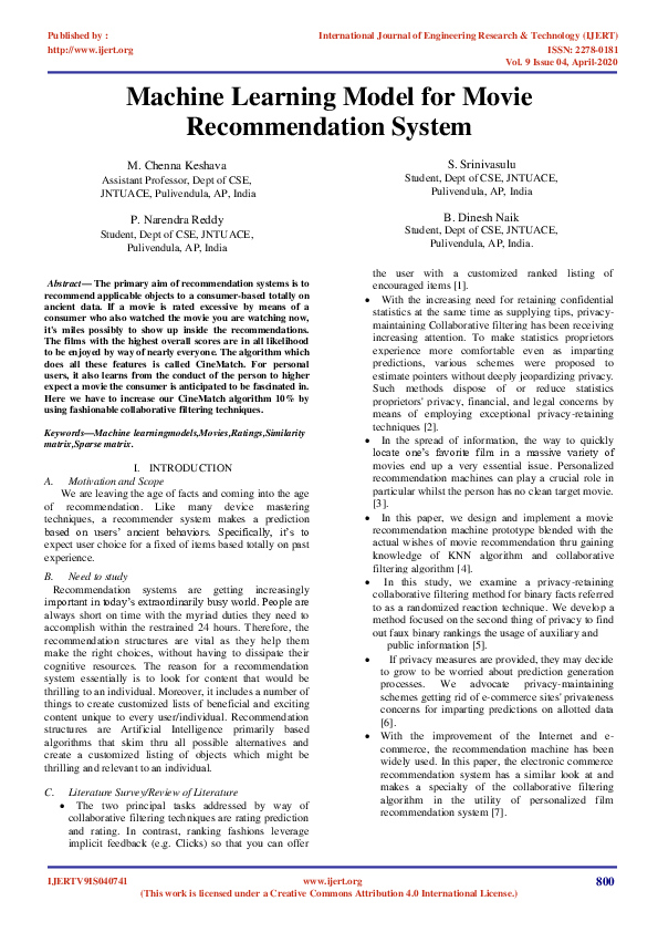 Pdf Ijert Machine Learning Model For Movie Recommendation System