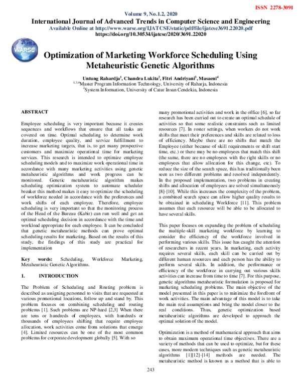 Pdf Optimization Of Marketing Workforce Scheduling Using Metaheuristic Genetic Algorithms