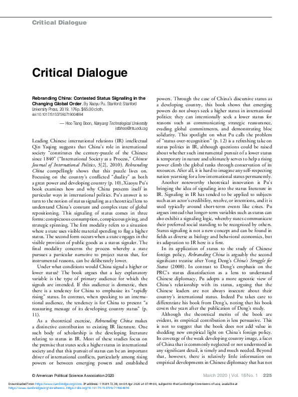 (PDF) Critical Dialogue Rebranding China: Contested Status Signaling in ...