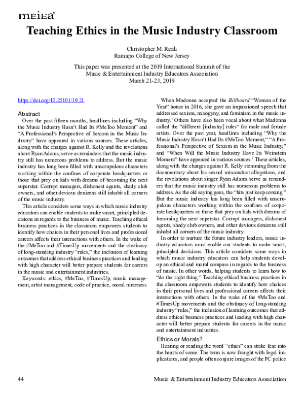 (PDF) “Teaching Ethics in the Music Industry Curriculum” | Christopher ...