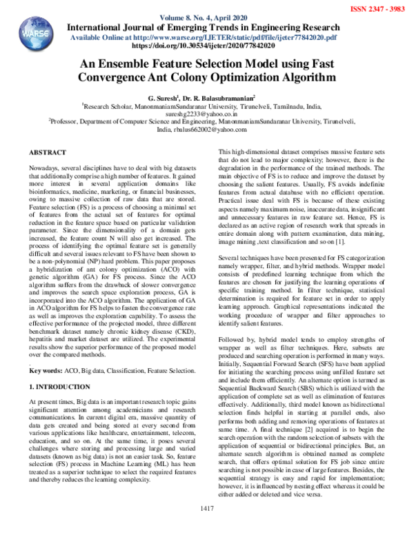 (PDF) An Ensemble Feature Selection Model using Fast Convergence Ant Colony Optimization Algorithm