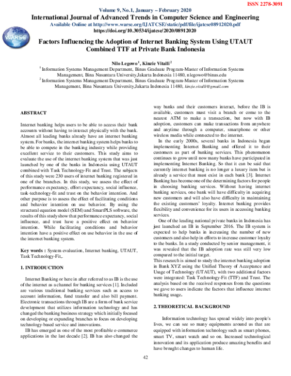 (PDF) Factors Influencing the Adoption of Internet Banking System Using UTAUT Combined TTF at ...