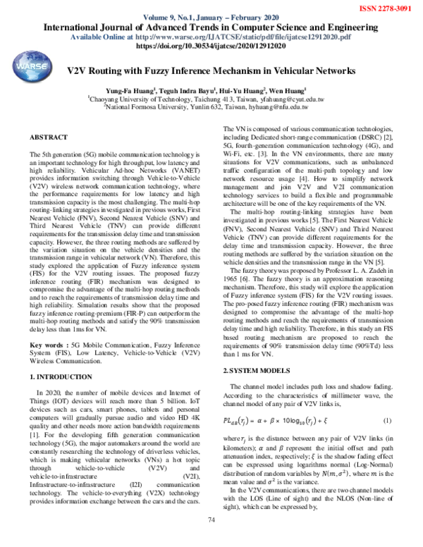 (PDF) V2V Routing with Fuzzy Inference Mechanism in Vehicular Networks