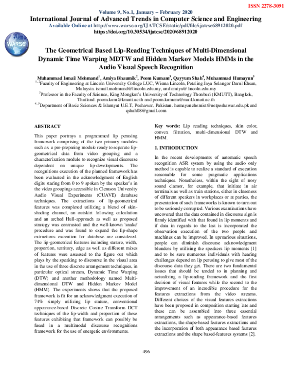 (PDF) The Geometrical Based Lip-Reading Techniques of Multi-Dimensional Dynamic Time Warping ...