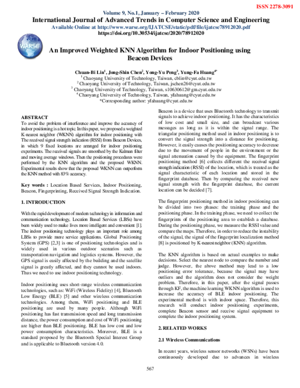 Pdf An Improved Weighted Knn Algorithm For Indoor Positioning Using Beacon Devices