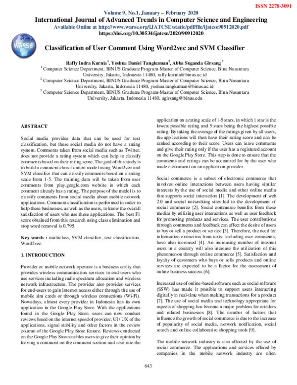 Pdf Classification Of User Comment Using Word2vec And Svm Classifier