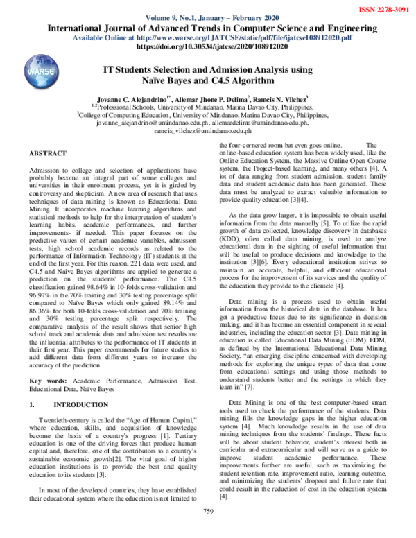 (PDF) IT Students Selection and Admission Analysis using Naïve Bayes and C4.5 Algorithm