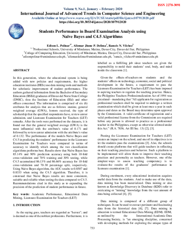 (PDF) Students Performance in Board Examination Analysis using Naïve Bayes and C4.5 Algorithms