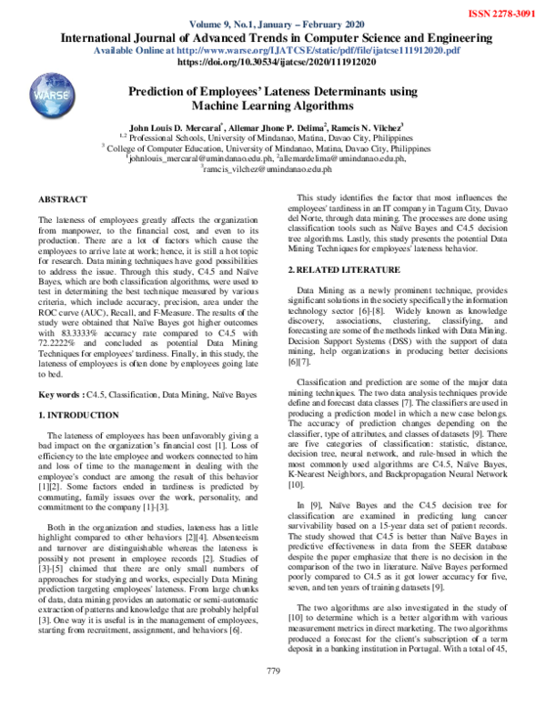 Pdf Prediction Of Employees Lateness Determinants Using Machine Learning Algorithms