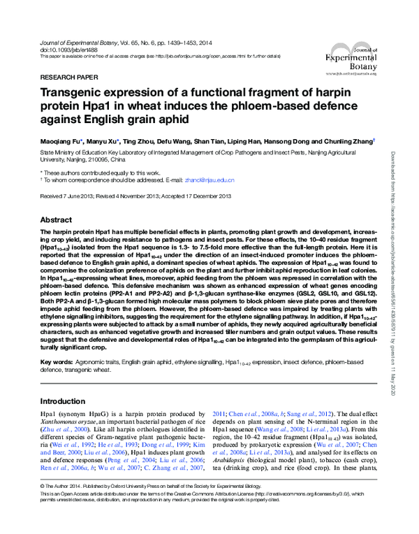 (PDF) Transgenic expression of a functional fragment of harpin protein ...