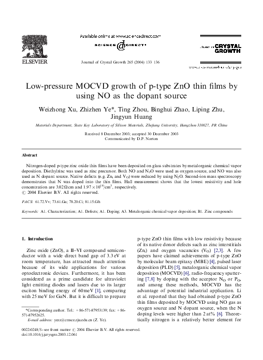 (PDF) Low-pressure MOCVD growth of p-type ZnO thin films by using NO as the dopant source