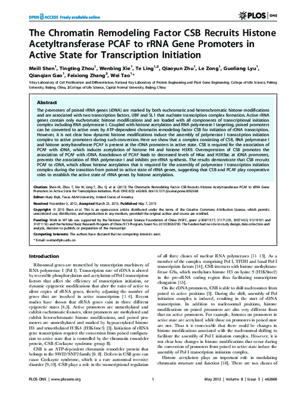 (PDF) The Chromatin Remodeling Factor CSB Recruits Histone ...