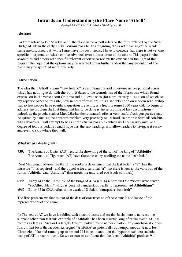 (PDF) Towards an Understanding of the Place Name 'Atholl'