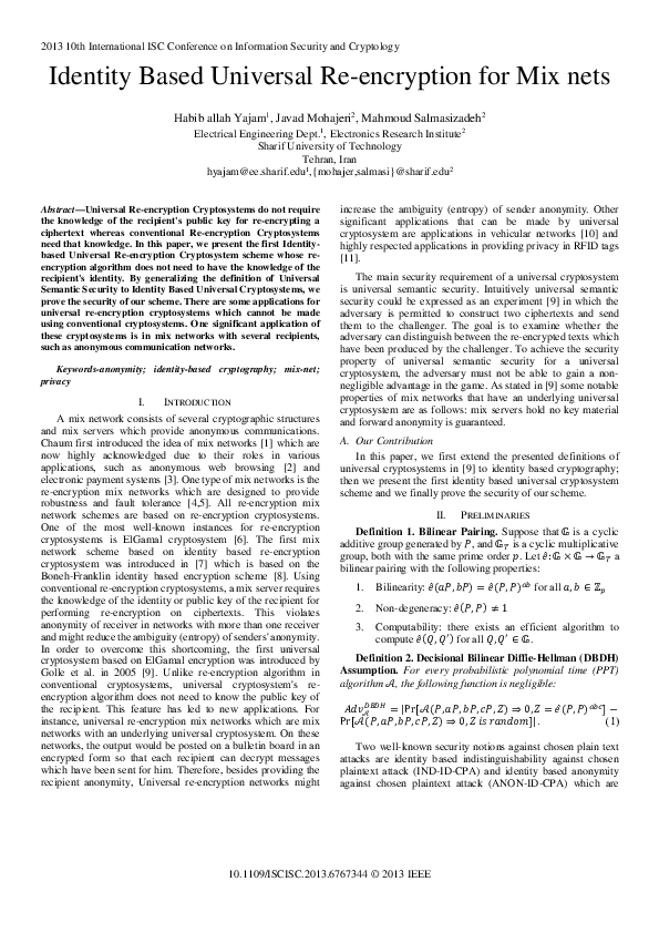 (PDF) Identity Based Universal Re encryption for Mix nets