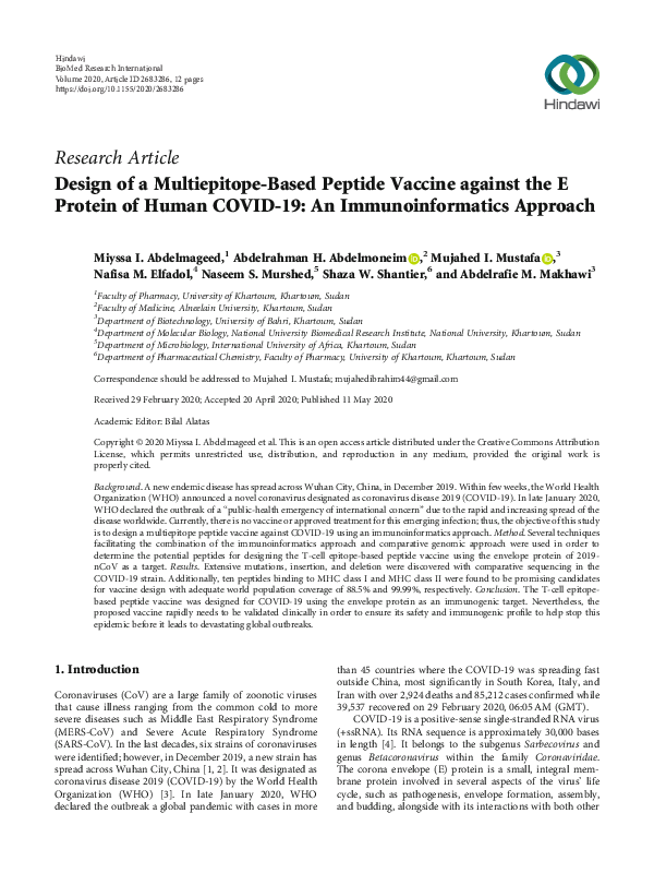 (PDF) Design of a Multiepitope-Based Peptide Vaccine against the E Protein of Human COVID-19: An ...