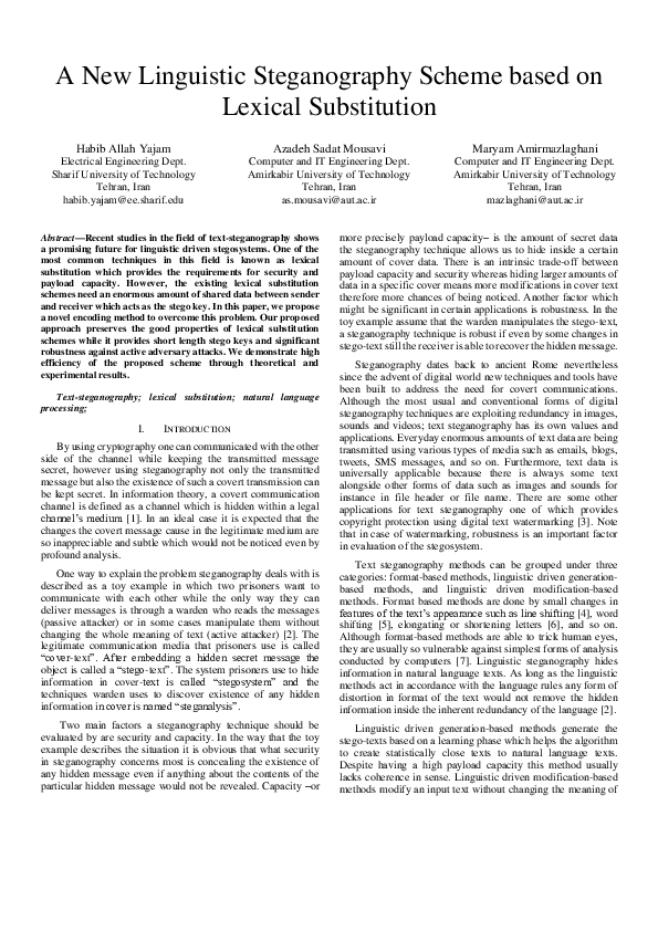 Pdf A New Linguistic Steganography Scheme Based On Lexical Substitution