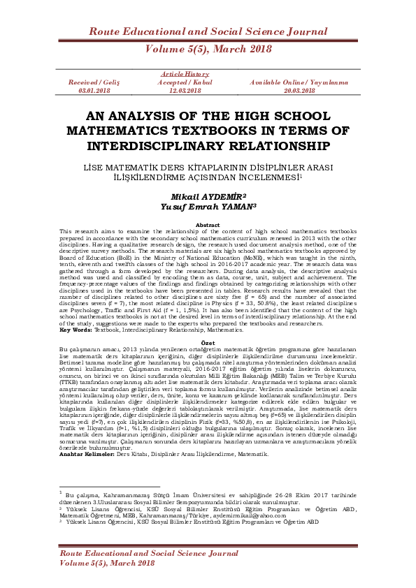 (PDF) AN ANALYSIS OF THE HIGH SCHOOL MATHEMATICS TEXTBOOKS IN TERMS OF ...