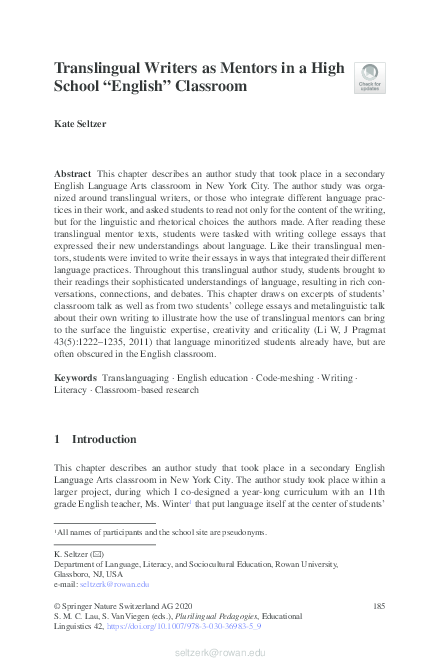 (PDF) Translingual Writers as Mentors in a High School "English" Classroom