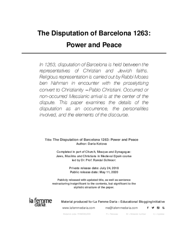 (PDF) The Disputation of Barcelona 1263: Power and Peace (LFD)