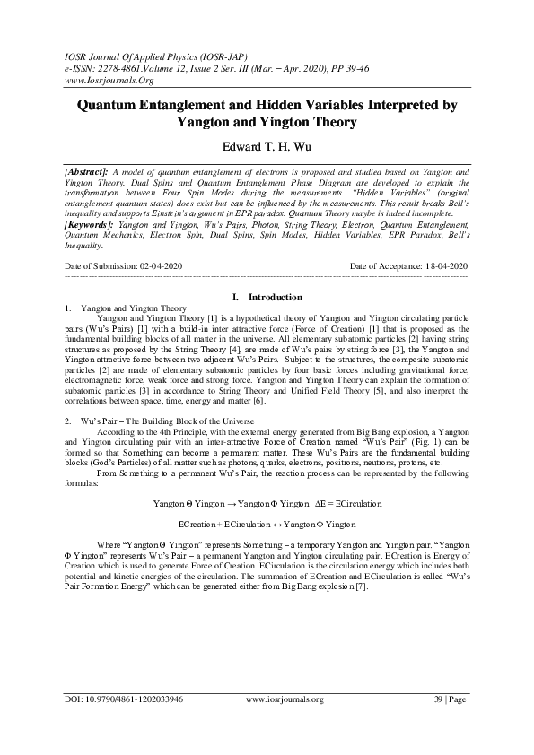 (PDF) Quantum Entanglement and Hidden Variables Interpreted by Yangton and Yington Theory
