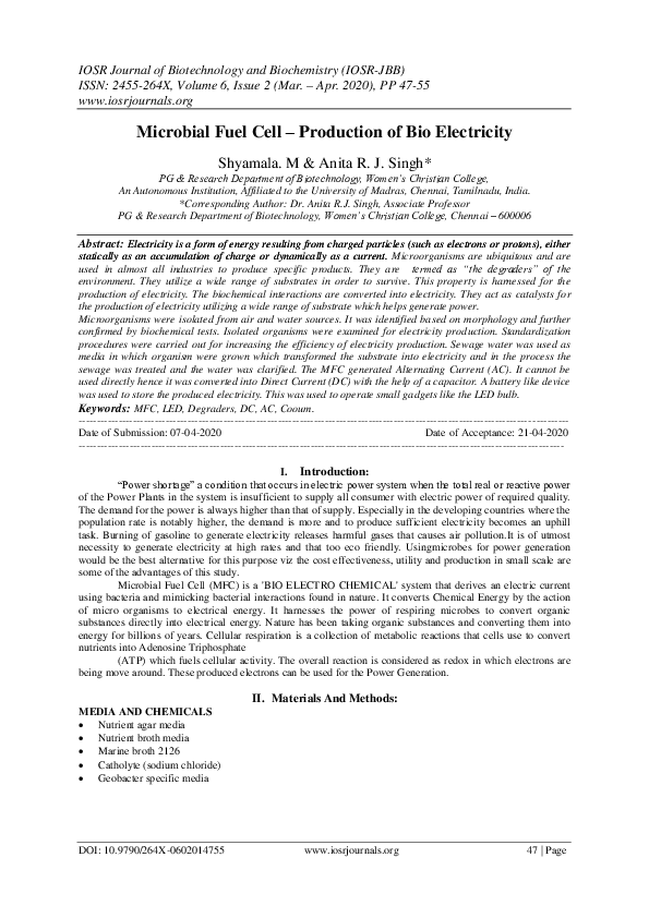 (PDF) Microbial Fuel Cell -Production of Bio Electricity
