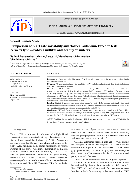 Pdf Comparison Of Heart Rate Variability And Classical Autonomic Function Tests Between Type 2