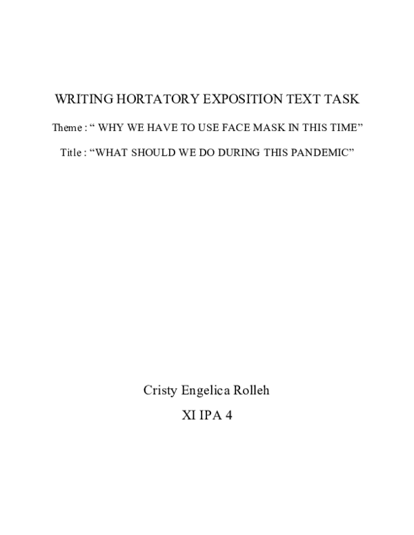 (PDF) WRITING HORTATORY EXPOSITION TEXT TASK Title : "WHAT SHOULD WE DO DURING THIS PANDEMIC"