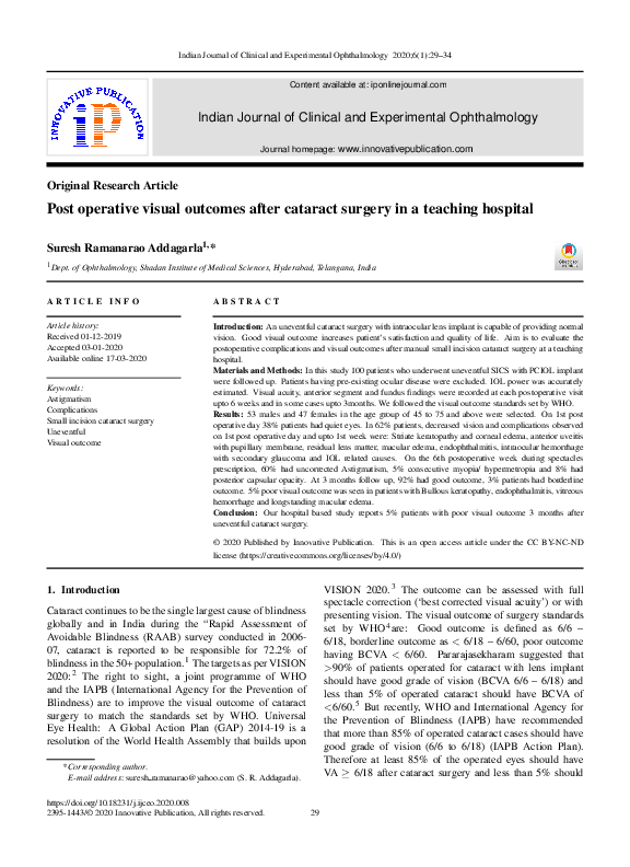 (PDF) Post operative visual outcomes after cataract surgery in a ...