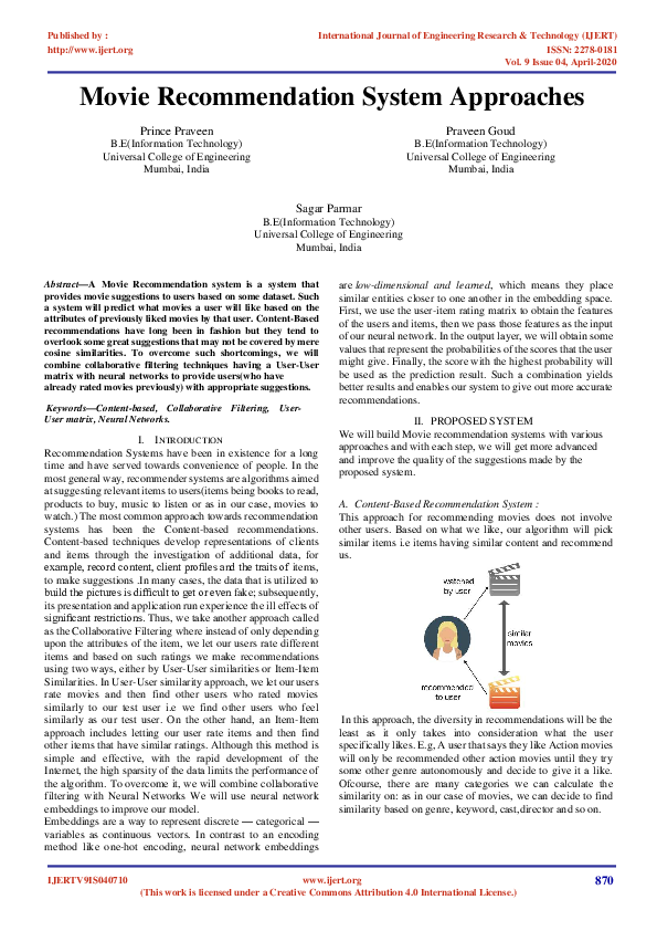 Pdf Ijert Movie Recommendation System Approaches