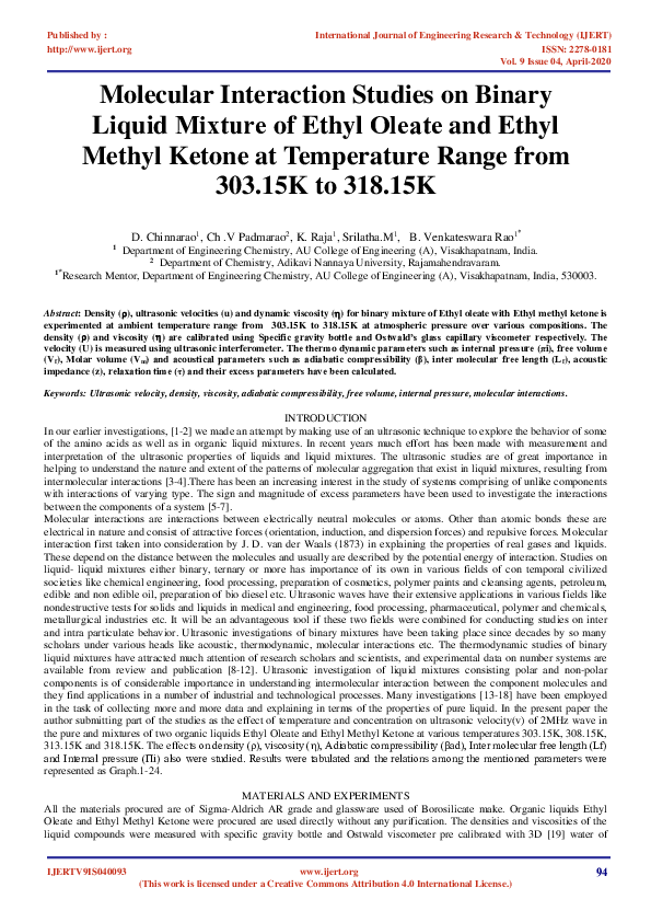 (PDF) IJERT-Molecular Interaction Studies on Binary Liquid Mixture of Ethyl Oleate and Ethyl ...
