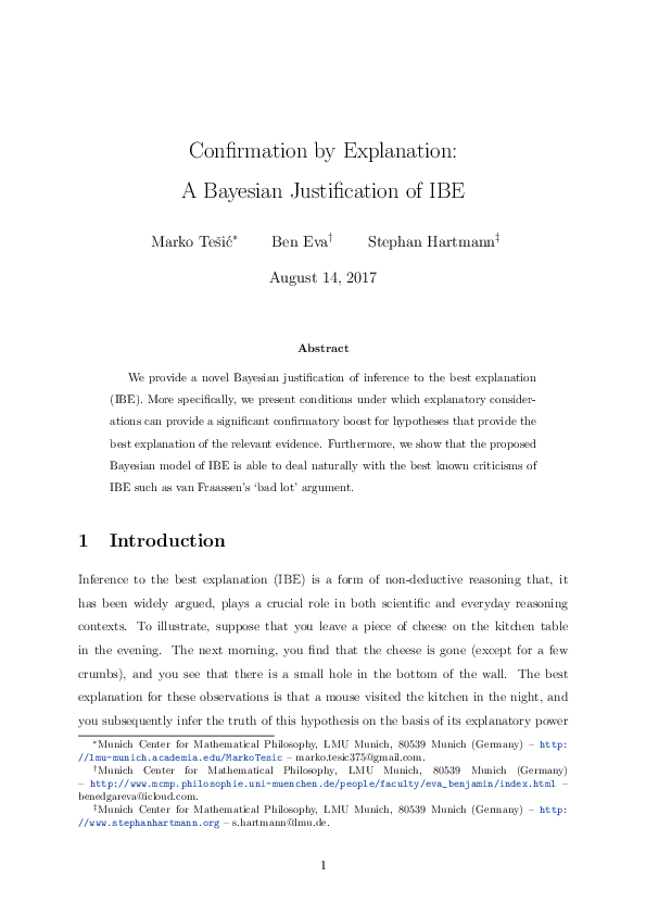 (PDF) Confirmation by Explanation: A Bayesian Justification of IBE