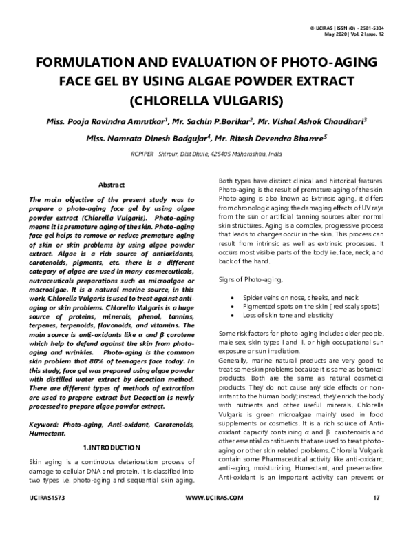 (PDF) FORMULATION AND EVALUATION OF PHOTO-AGING FACE GEL BY USING ALGAE ...