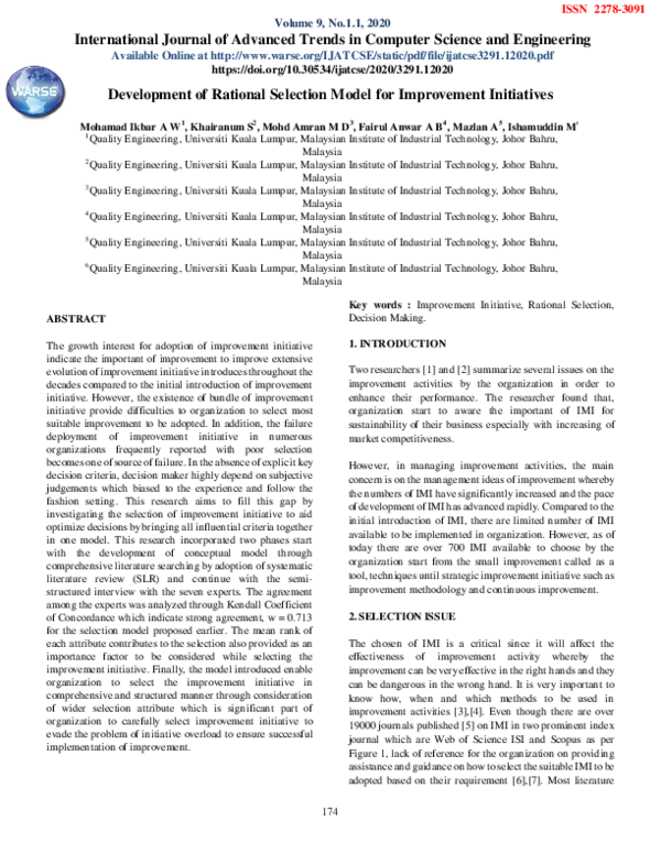 (PDF) Development of Rational Selection Model for Improvement Initiatives