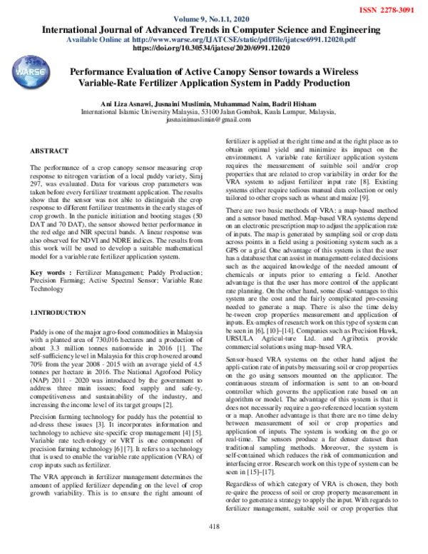 (PDF) Performance Evaluation of Active Canopy Sensor towards a Wireless Variable-Rate Fertilizer ...