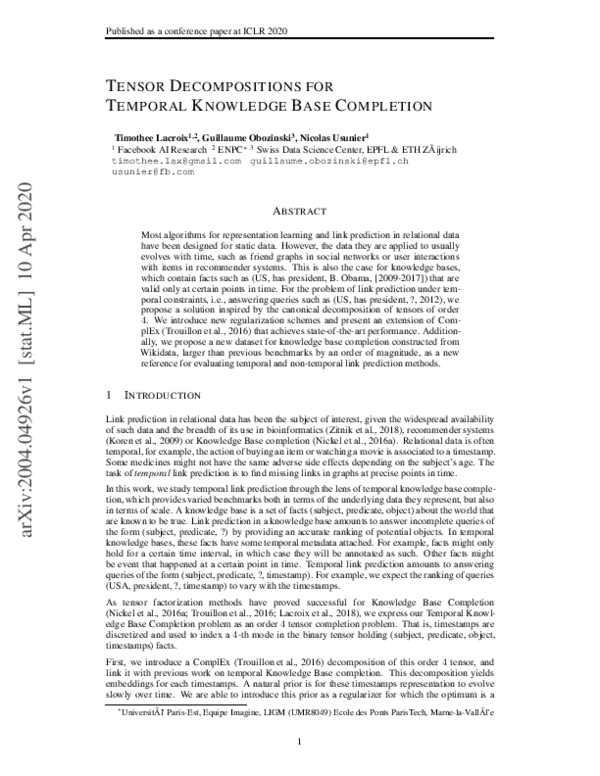 (PDF) TENSOR DECOMPOSITIONS FOR TEMPORAL KNOWLEDGE BASE COMPLETION