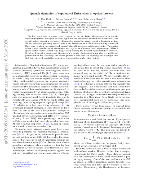 Pdf Topological Euler Class As A Dynamical Observable In Optical Lattices