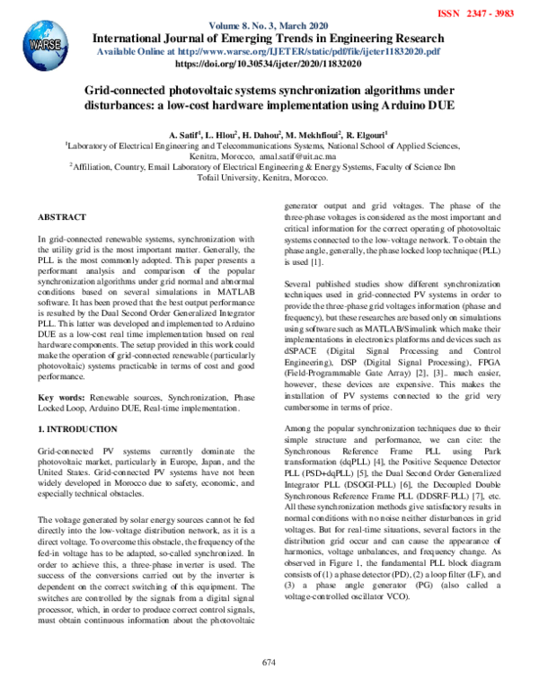 Pdf Grid Connected Photovoltaic Systems Synchronization Algorithms Under Disturbances A Low