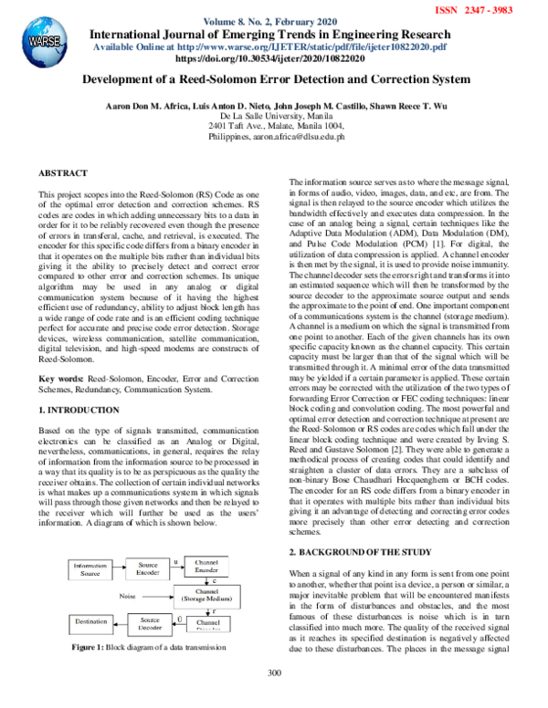 Pdf Development Of A Reed Solomon Error Detection And Correction System