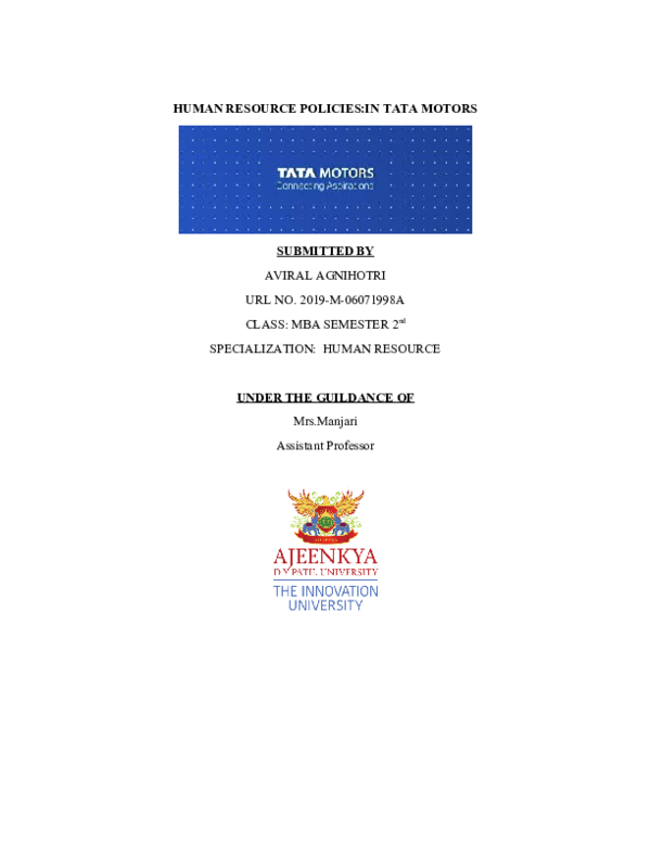 (DOC) Human resource Policies in Manufacturing unit: TATA MOTORS