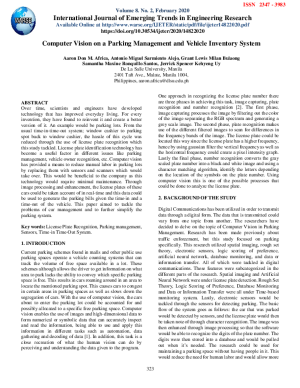 (PDF) Computer Vision on a Parking Management and Vehicle Inventory System