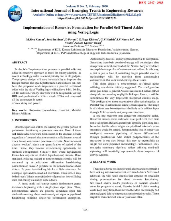 Pdf Implementation Of Recursive Formulation For Parallel Self Timed Adder Using Verlog Logic