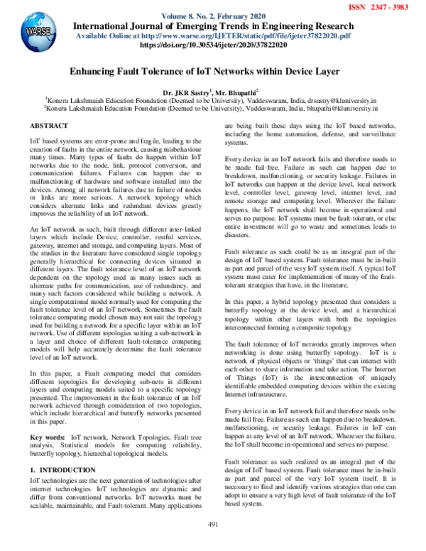 Pdf Enhancing Fault Tolerance Of Iot Networks Within Device Layer