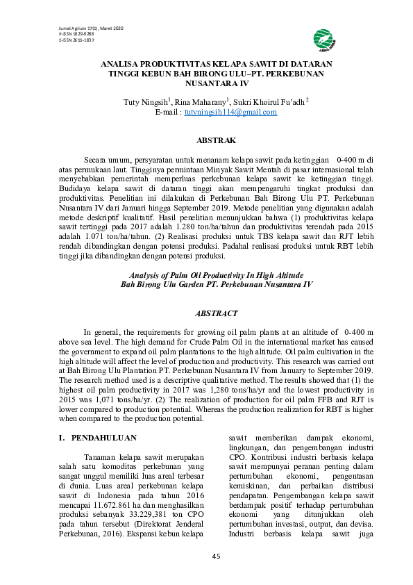 (PDF) ANALISA PRODUKTIVITAS KELAPA SAWIT DI DATARAN TINGGI KEBUN BAH ...