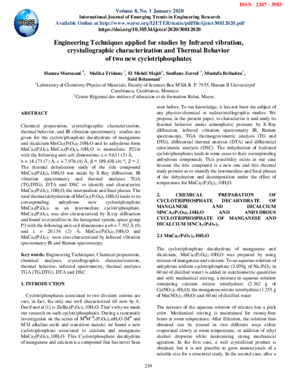 (PDF) Engineering Techniques applied for studies by Infrared vibration, crystallographic ...